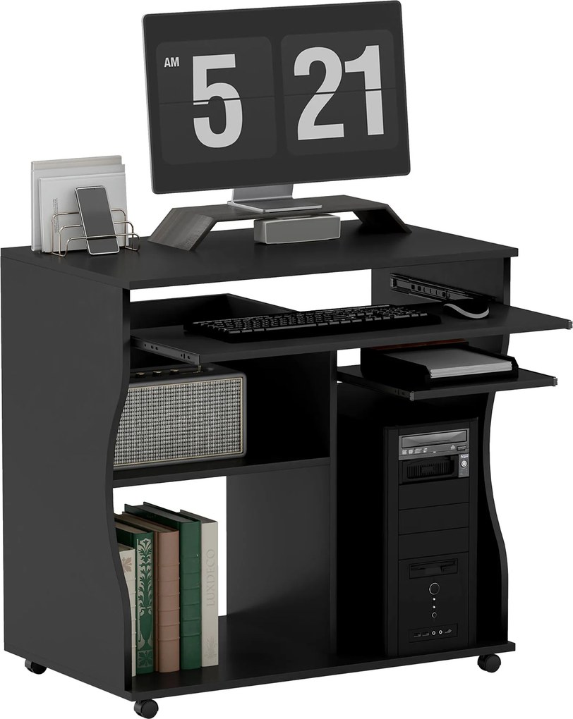 HOMCOM Stůl s Kolečky 80 x 48 cm Počítačový Stůl Kancelářský Stůl s Držákem na Monitor, Zásuvkou na Klávesnici, Policí na Úložné Prostředky, PC Stůl p