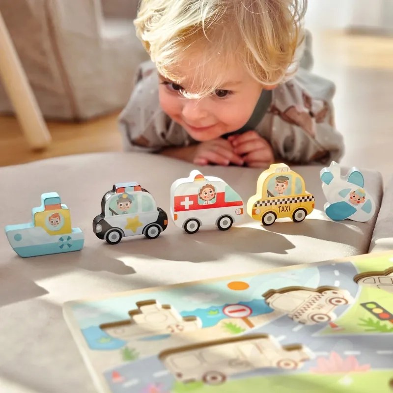 Tooky Toy Dřevěné Montessori puzzle - Auta, Letadlo, Loď