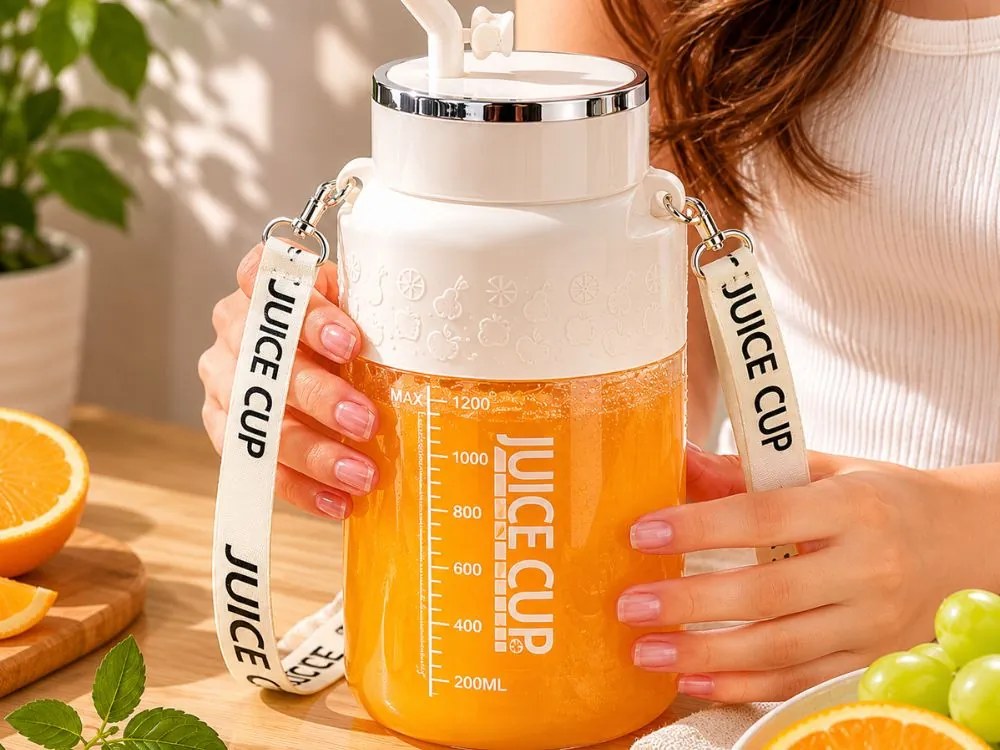 Verk Group Láhev s mixérem usb 1200 ml, hrnek na smoothie, šejker se slámkou a páskem