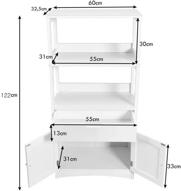 Costway Skříň s policemi, zásuvkou a dvířky, bílá, 60 x 32 x 122 cm HW66295WH