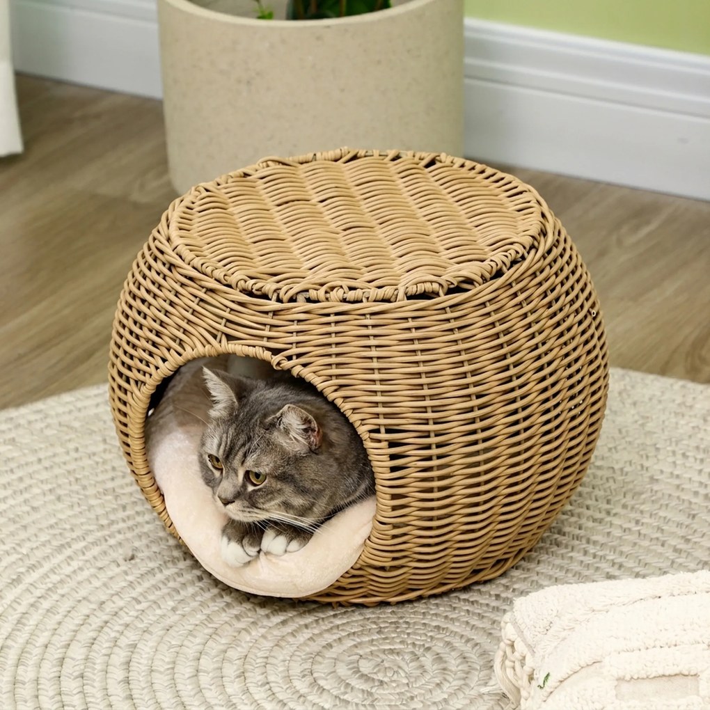 PawHut Kočka Dům Postel Kočičí Košík Dům v Obřím Střihu z Rattanu s Měkkým Polštářem Ø 40 x 30 cm světle hnědý