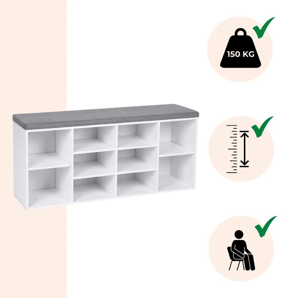 Botník s čalouněnou lavicí GABI, 10 přihrádek, 104x30x48 cm, šedá/bílá Jurhan
