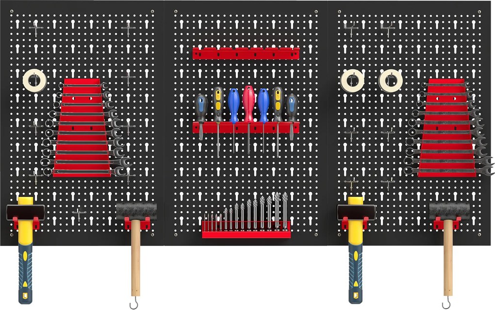 HOMCOM nástěnný pegboard 3×60 × 40 cm, 28dílný držák nářadí s háčky a přihrádkami, černá/červená