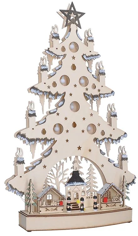 SOLIGHT LED dřevěný vánoční stromek s dekoracemi, 23x LED, přírodní barva, 64cm, 2x AA