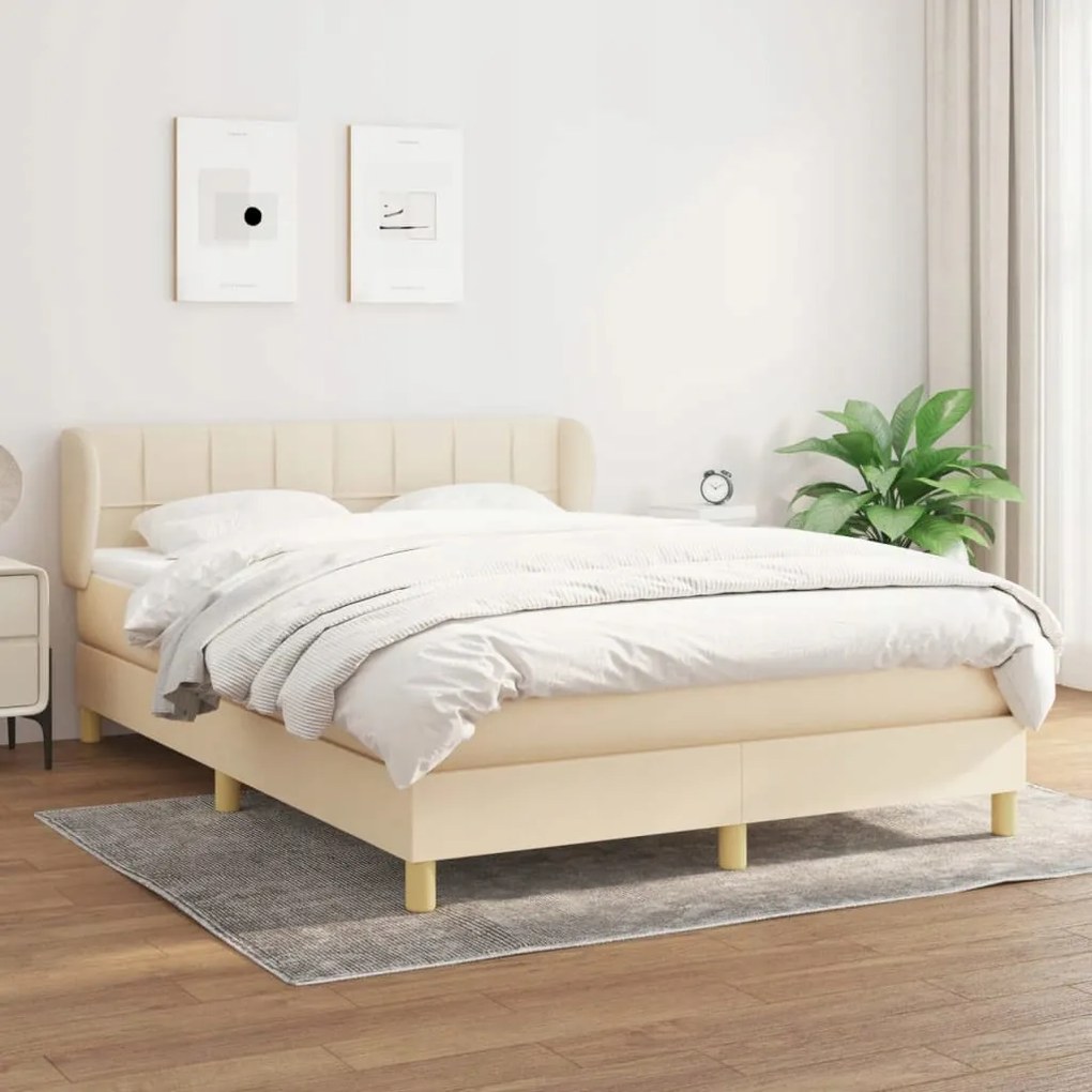 Box Spring Postel S Matrací Textil Krémová Blok se čtverci 140 x 190 cm