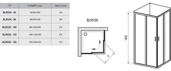 Ravak Blix Sprchový kout 1/2 čtverec/obdélník 80 cm transp.AL 1XV40C00Z1 BLRV2K-80