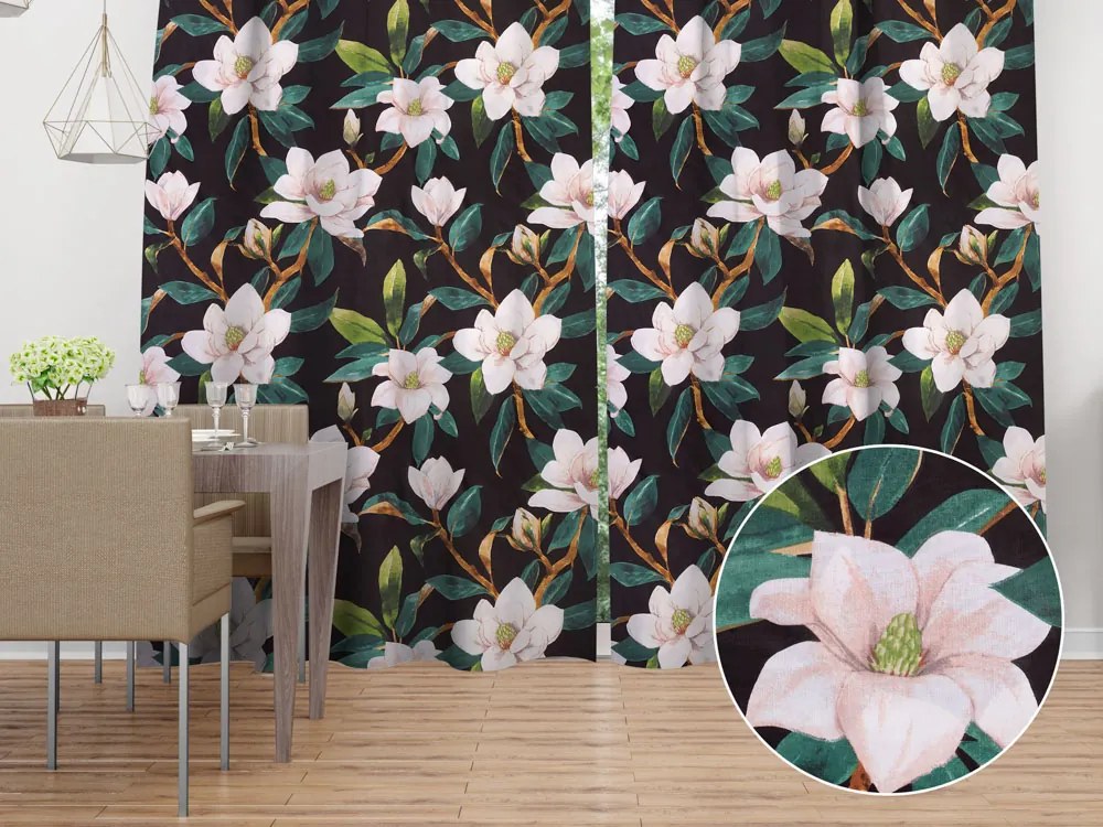 Biante Bavlněný závěs Sandra SA-300 Květy magnolie na černém 150x140 cm