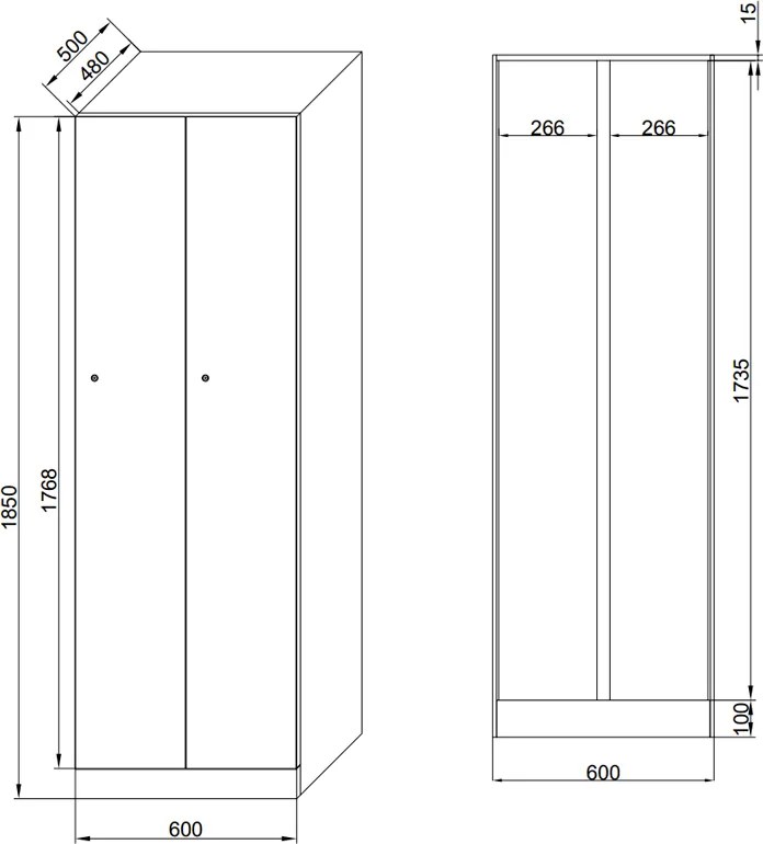 Kovová šatní skříňka S1, 2 oddíly, 1850 x 600 x 500 mm, RFID zámek, laminované dveře, dub přírodní