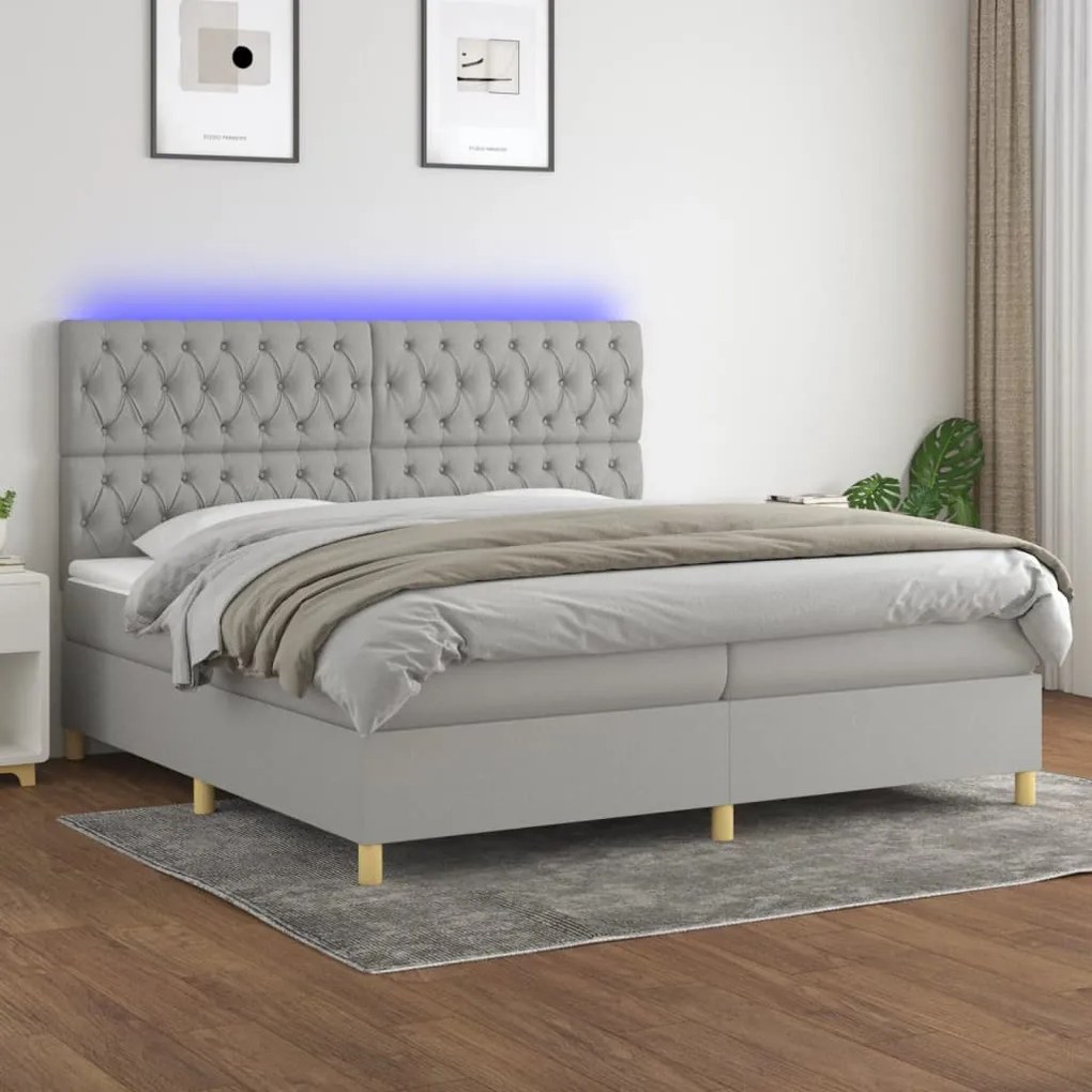 Box spring postel s matrací a LED světle šedá 200x200 cm textil