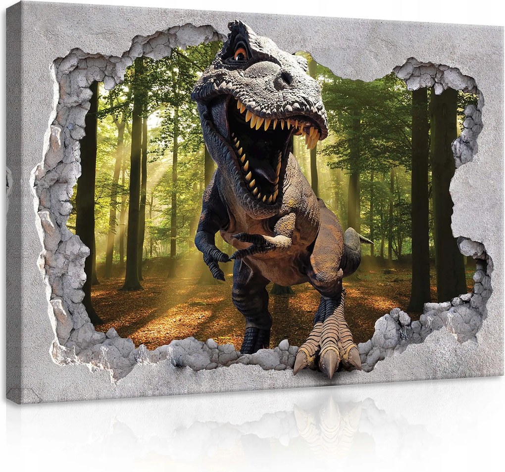 Obraz 70x50 Dinosaurus T-Rex stěna les světlo 3D prehistorie dobrodružství
