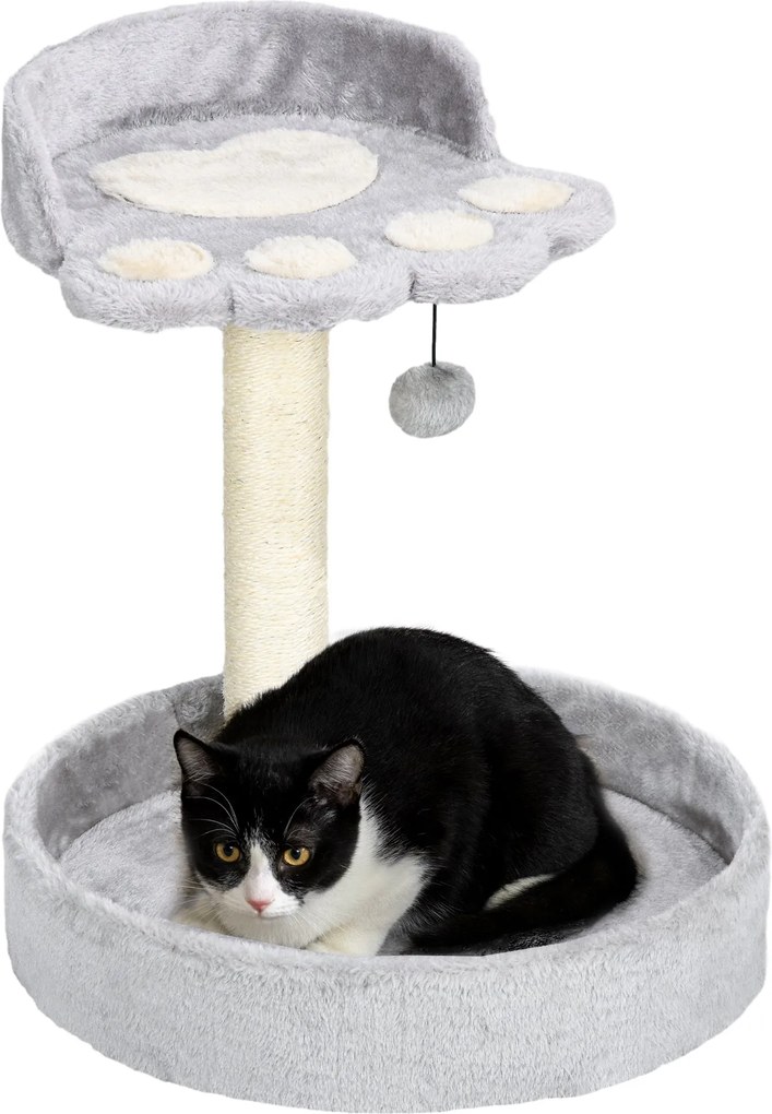 PawHut odřezávací sloupek pro kočky do 5 kg se spacím místem a míčkem, kočičí gym se sametovým potahem a lýkovým lanem, 41x41x44 cm, světle šedý | Aos
