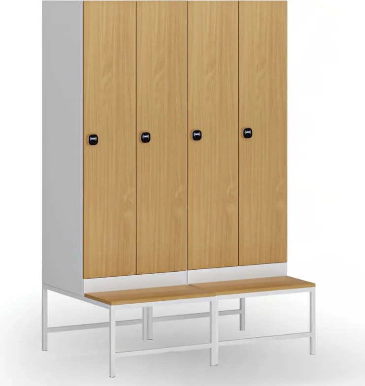 Šatní skříňka S1 s lavičkou, 2 oddíly, 1875 x 600 x 500/800 mm, RFID zámek, laminované dveře, ořech
