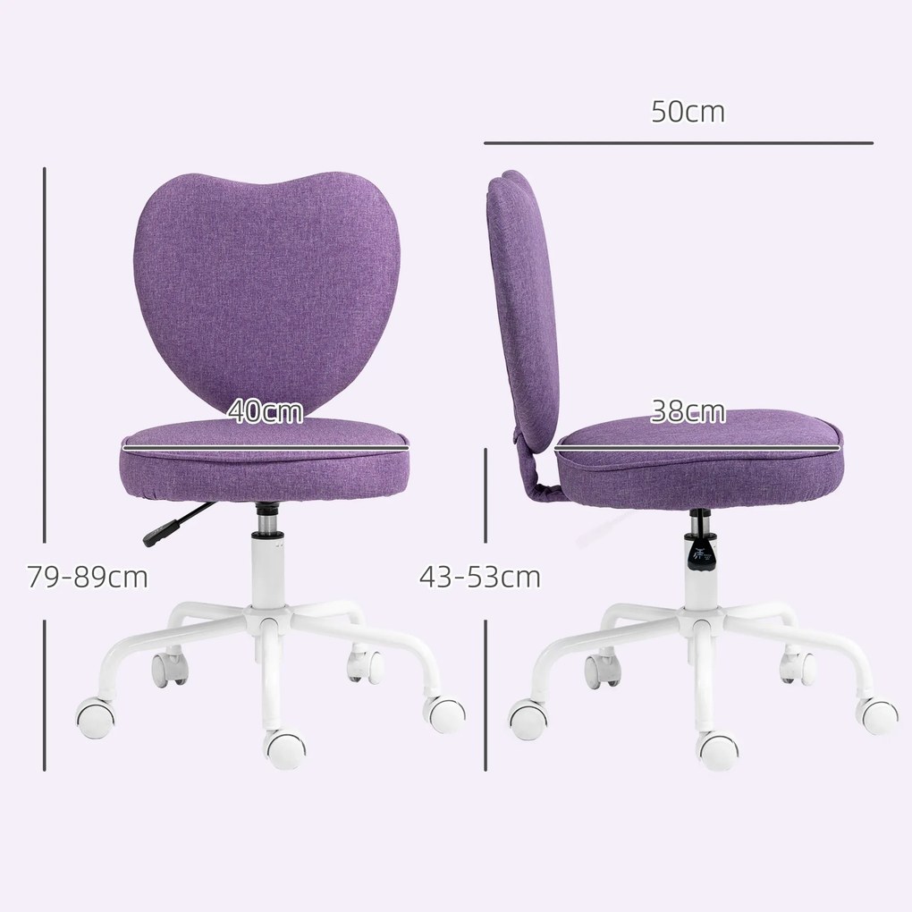 Vinsetto HOMCOM Židle k Psacímu Stolu ve Tvaru Srdce, Kancelářská Židle s 5 Otáčivými Kolíčky a Nastavitelnou Výškou v Textilu, 40x50x79-89cm, Fialová