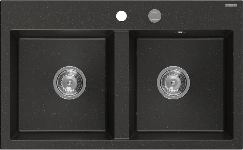Mexen Hektor, 2-komorový granitový dřez 800x480x205 mm, černá-zlatá metalíza, chromový sifon, 6521802000-75