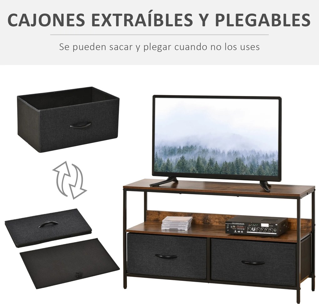 HOMCOM TV Stojan pro TV do 47" s industriálním stylem, s policí a 2 skládacími textilními šuplíky pro obývací pokoj nebo ložnici 98x29x56 cm v rustik…