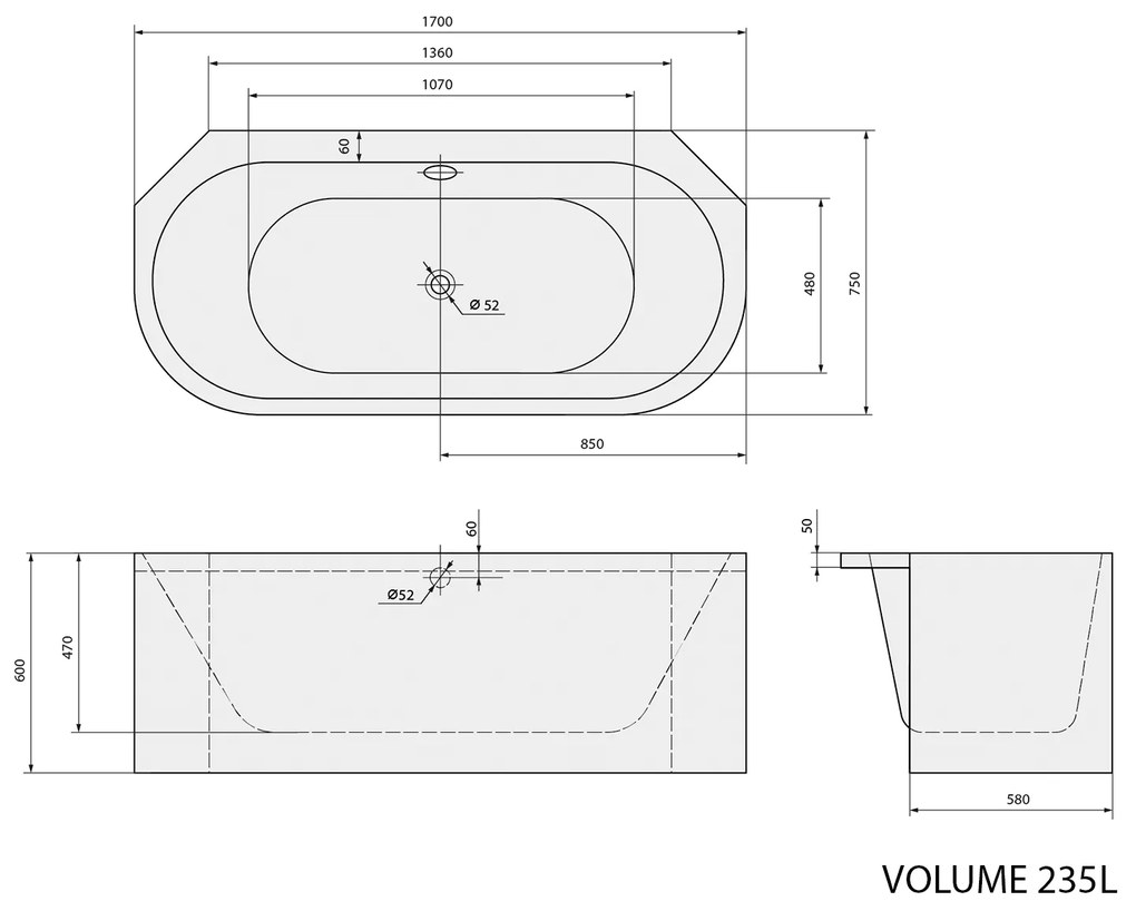Polysan Viva A Monolith asymetrická vana rohová 170 x 75 cm akrylát bílá 89119MA
