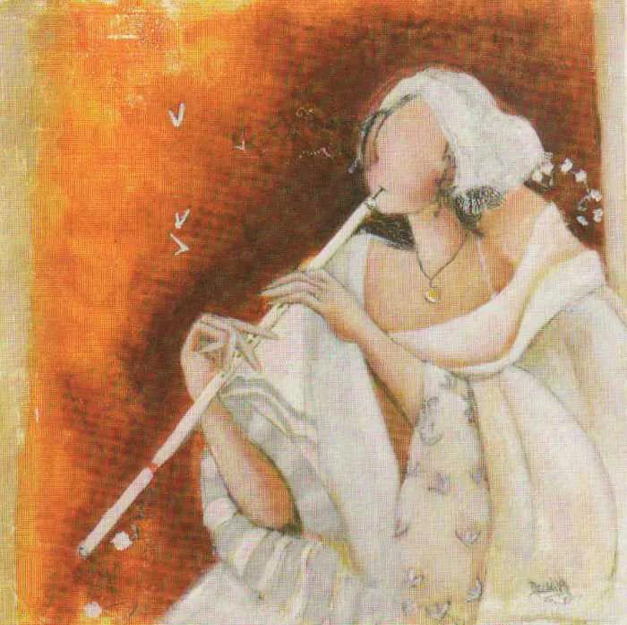ART-STYLE Obrázek 20x20, žena s píšťalou, rám bílý s patinou