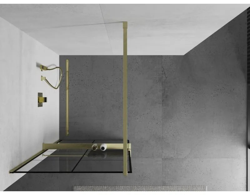 Mexen Kioto+, sprchová zástěna Walk-In s poličkou a věšákem 70 x 200 cm, 8mm čiré sklo černý vzor, zlatý matný profil, 800-070-121-55-77