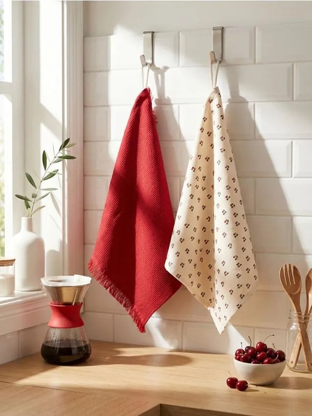 Sinsay - Sada kuchyňských utěrek s motivem třešní 2 pack - červená