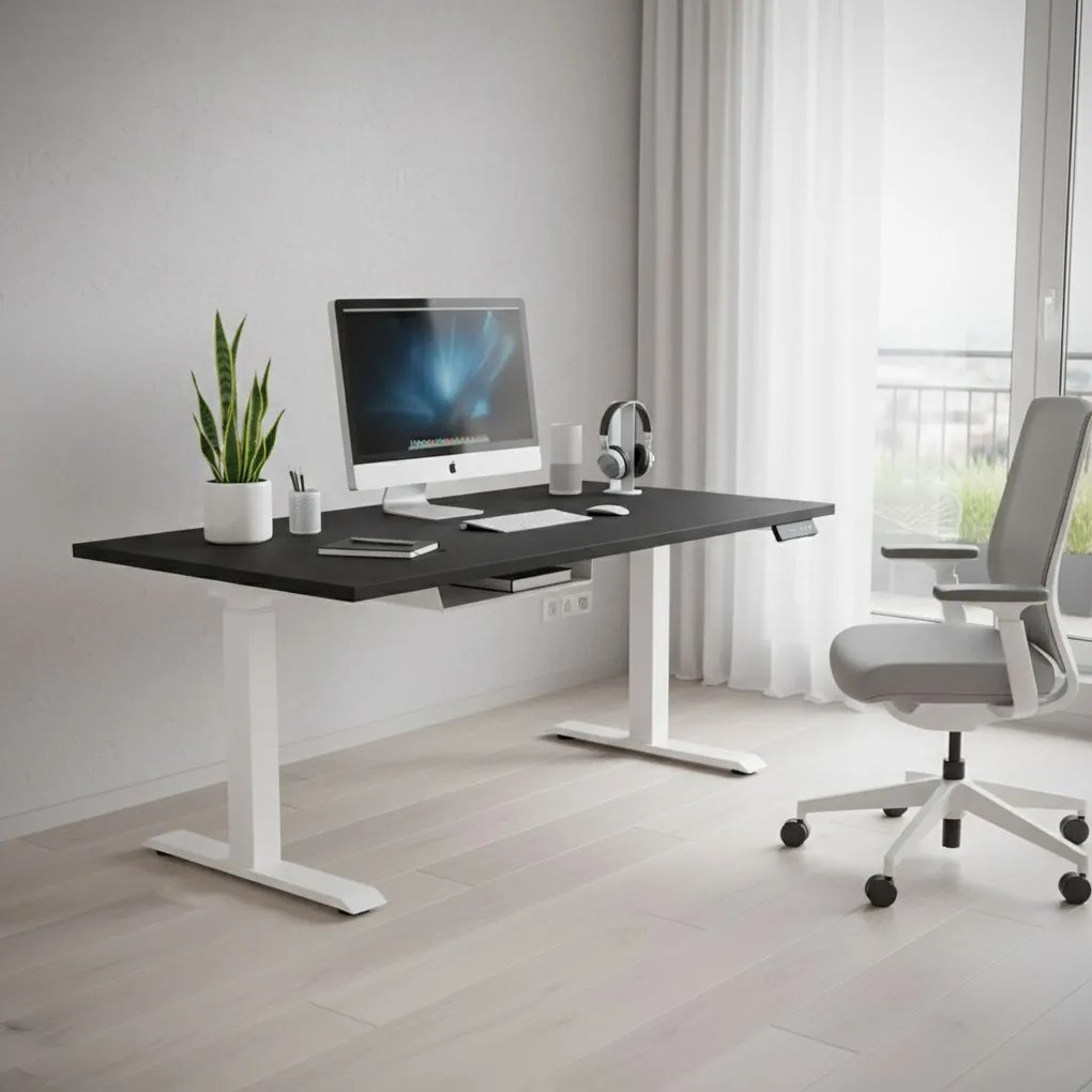 Výškově nastavitelný stůl OfficeTech D, 160 x 80 cm, bílá podnož, černá