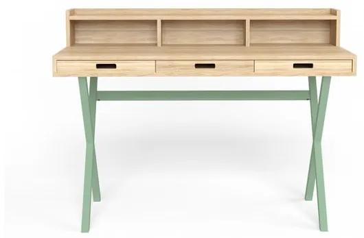 Pracovní stůl v dekoru dubového dřeva se zelenými kovovými nohami HARTÔ Hyppolite, 120 x 55 cm