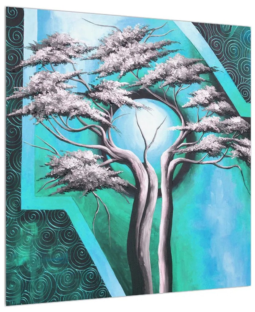 Orientální modrý obraz stromu a slunce (50x50 cm)