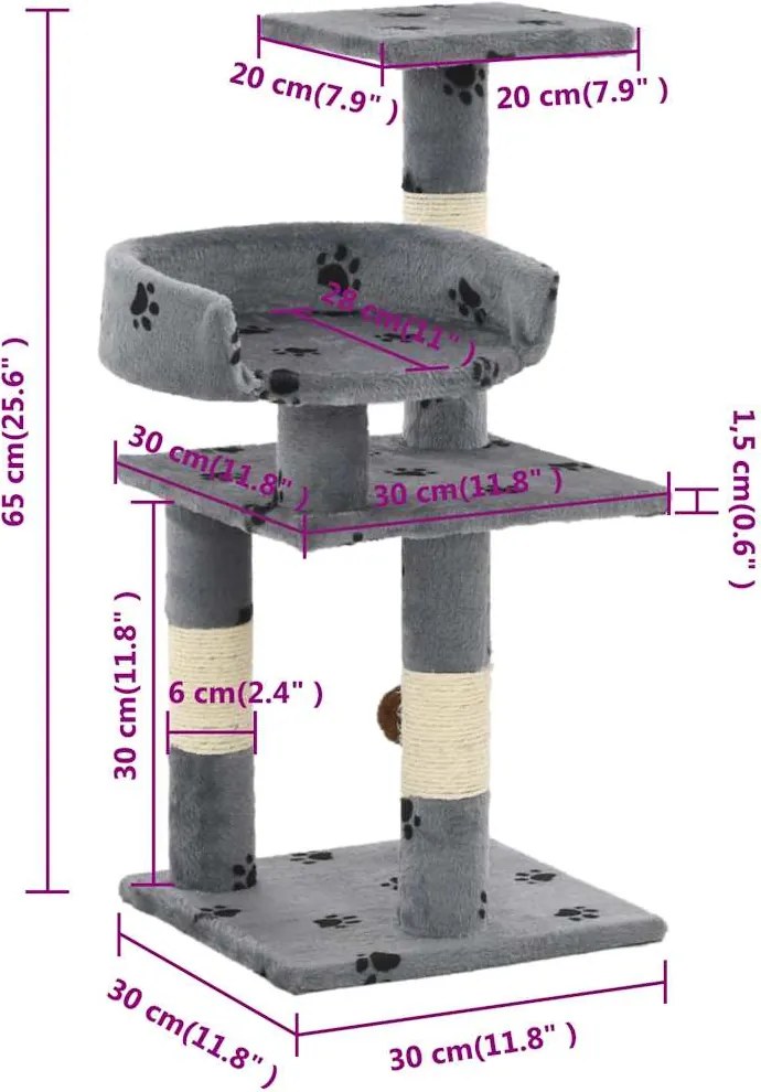 Škrabadlo pro kočky se sisalovými sloupky 65 cm šedé s tlapkami 170608
