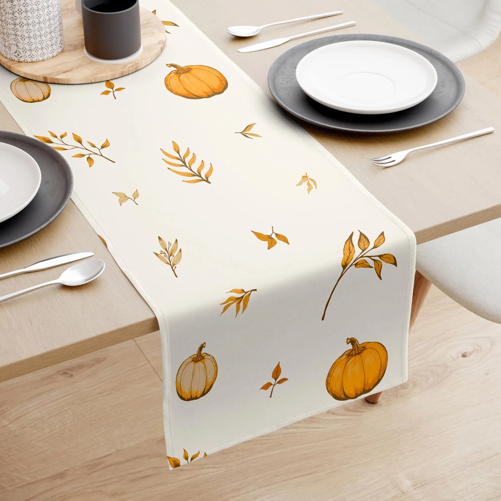 Goldea běhoun na stůl 100% bavlněné plátno - podzimní dýně a lístky 35x140 cm