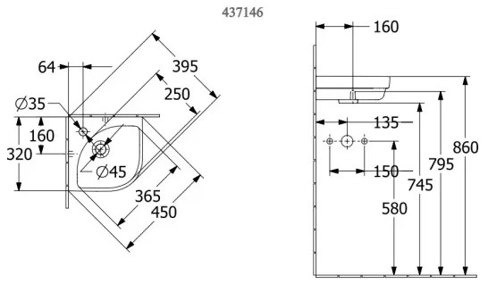 Villeroy & Boch 43714601 - Rohové závěsné umyvadlo SUBWAY 32x32 cm keramika/bílá