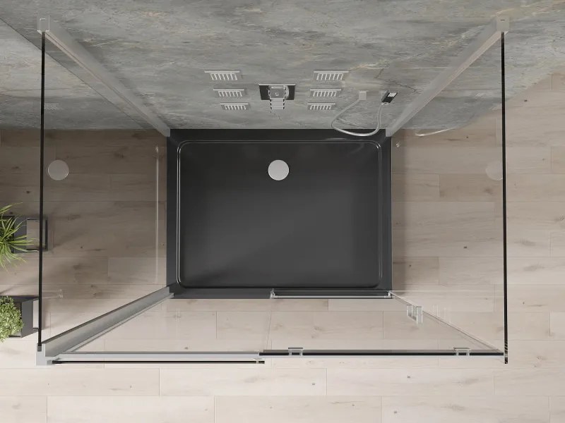 Mexen Omega, 3-stěnový sprchový kout s posuvnými dveřmi 110 (dveře) x 90 (stěna) x 190 cm, 8mm čiré sklo, chromový profil + černá sprchová vanička SLIM, 825-110-090-01-00-3S-4070