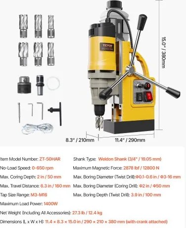 Magnetická vrtačka, Motor 1400 W VEVOR – 1450 W (USA) / 1400 W (EU/AU)