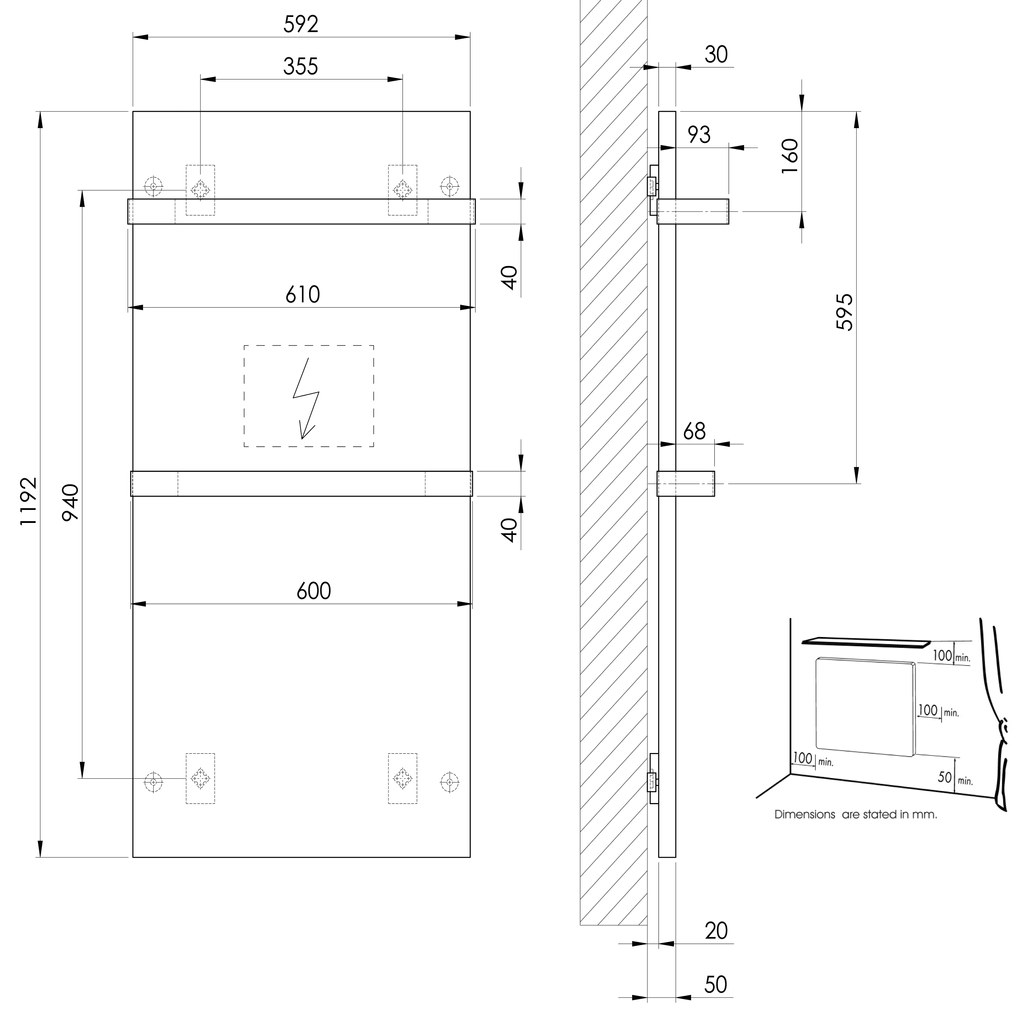 Sapho, ENIS koupelnový sálavý topný panel 600W, 590x1200 mm, držáky ručníků, IP44, černá mat, RH600B-2