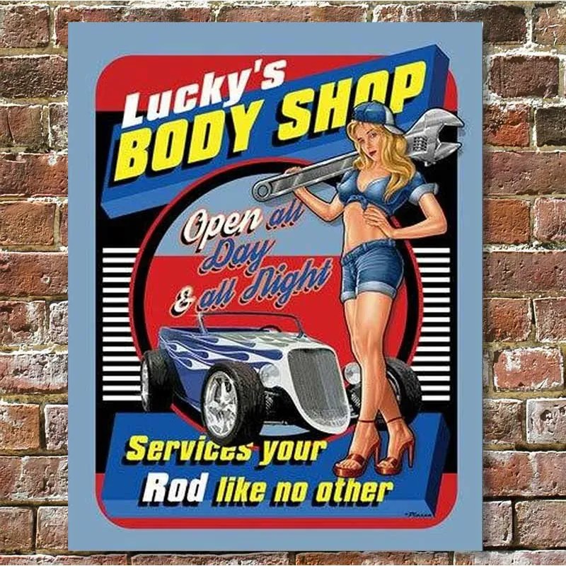 Plechová cedule Luckys Body Shop 40 cm x 32 cm