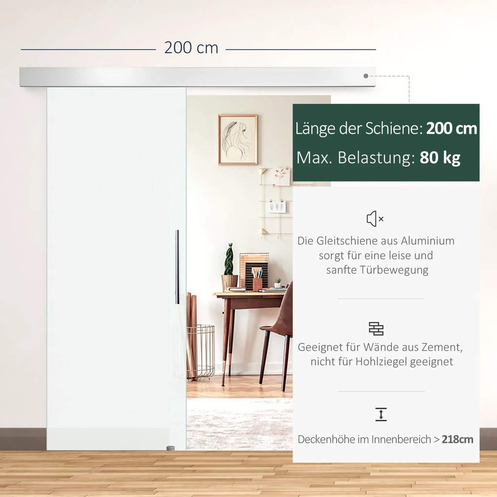 HOMCOM Skleněné posuvné dveře komplet posuvné dveře, pokojové dveře s madlem, jednostranně satinované, 2050x900mm