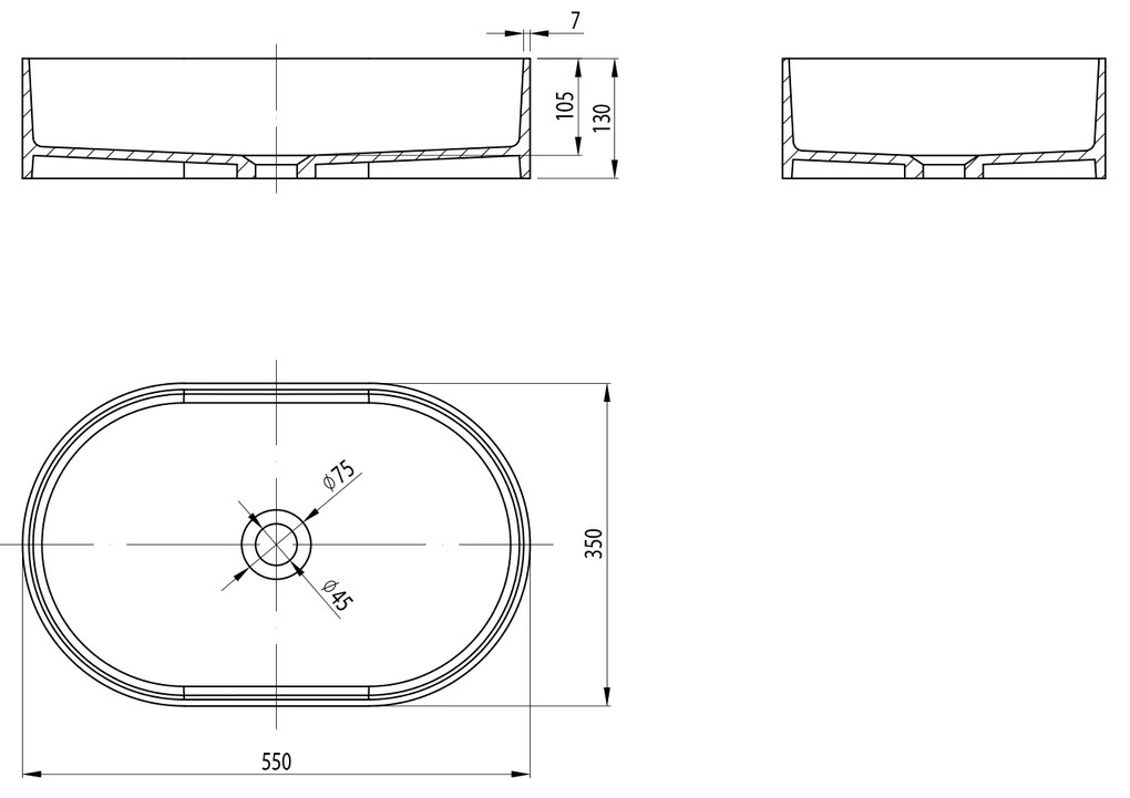 Sapho Thin umyvadlo na desku 55 x 35 cm bez otvoru pro baterii bez přepadu Rockstone bílá mat WN205
