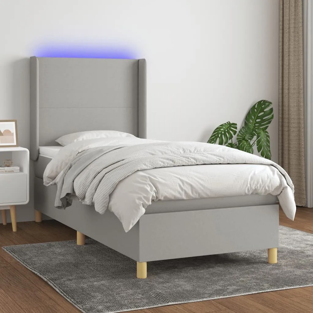 Box spring postel s matrací a LED světle šedá 100x200 cm textil