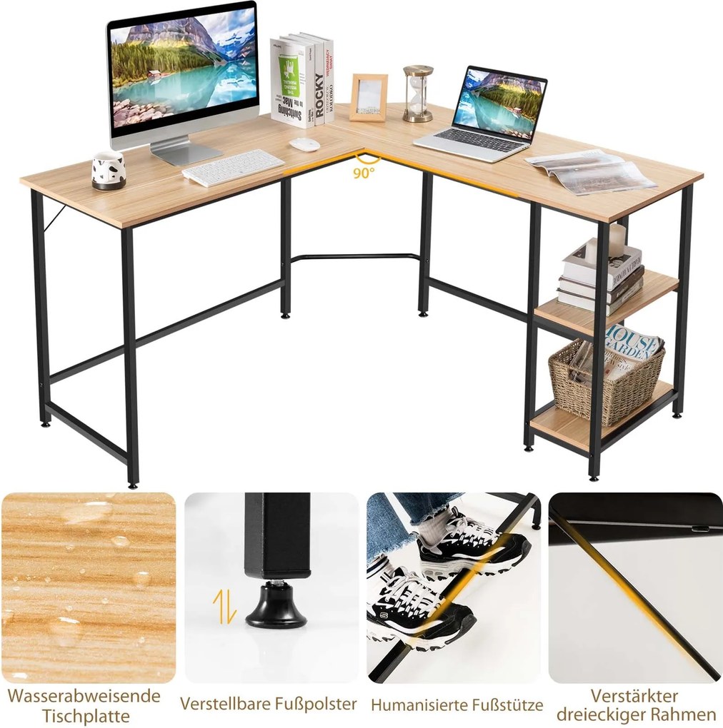 Costway Psací stůl ve tvaru L domácí se 2 policemi – 138 × 60 × 75 cm, přírodní