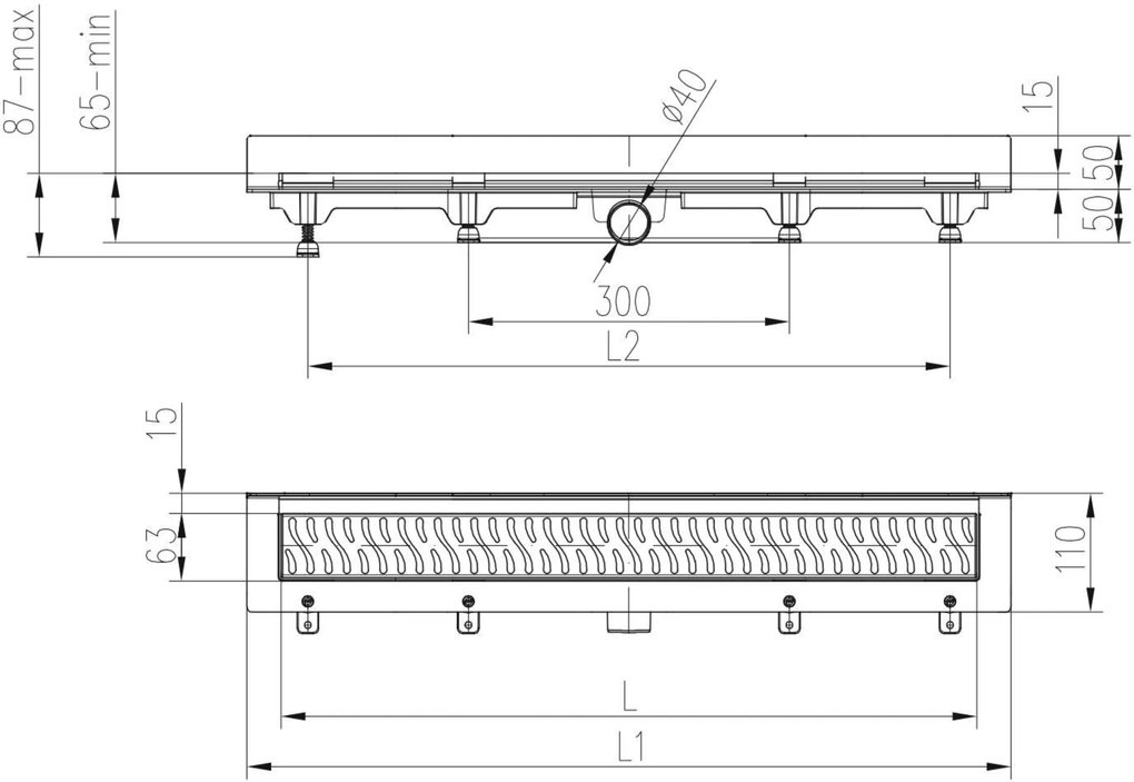 Chuděj Lineární plastový žlab 350mm ke stěně s bočním odtokem d 40, klasik/floor lesk