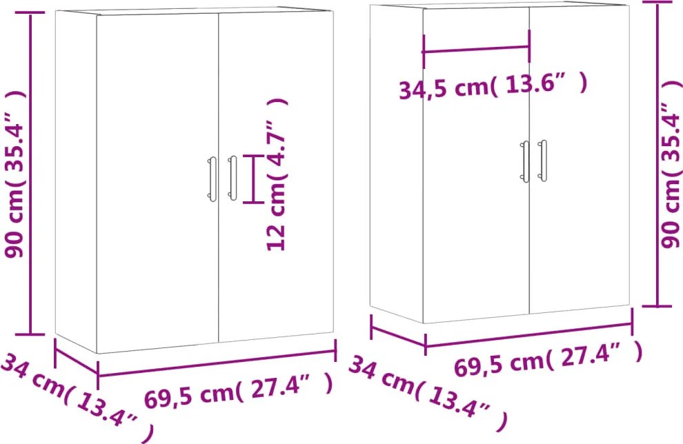 vidaXL Nástěnné skříňky 2 ks 69,5 x 34 x 90 cm [3195629] Barva: bílá s vysokým leskem