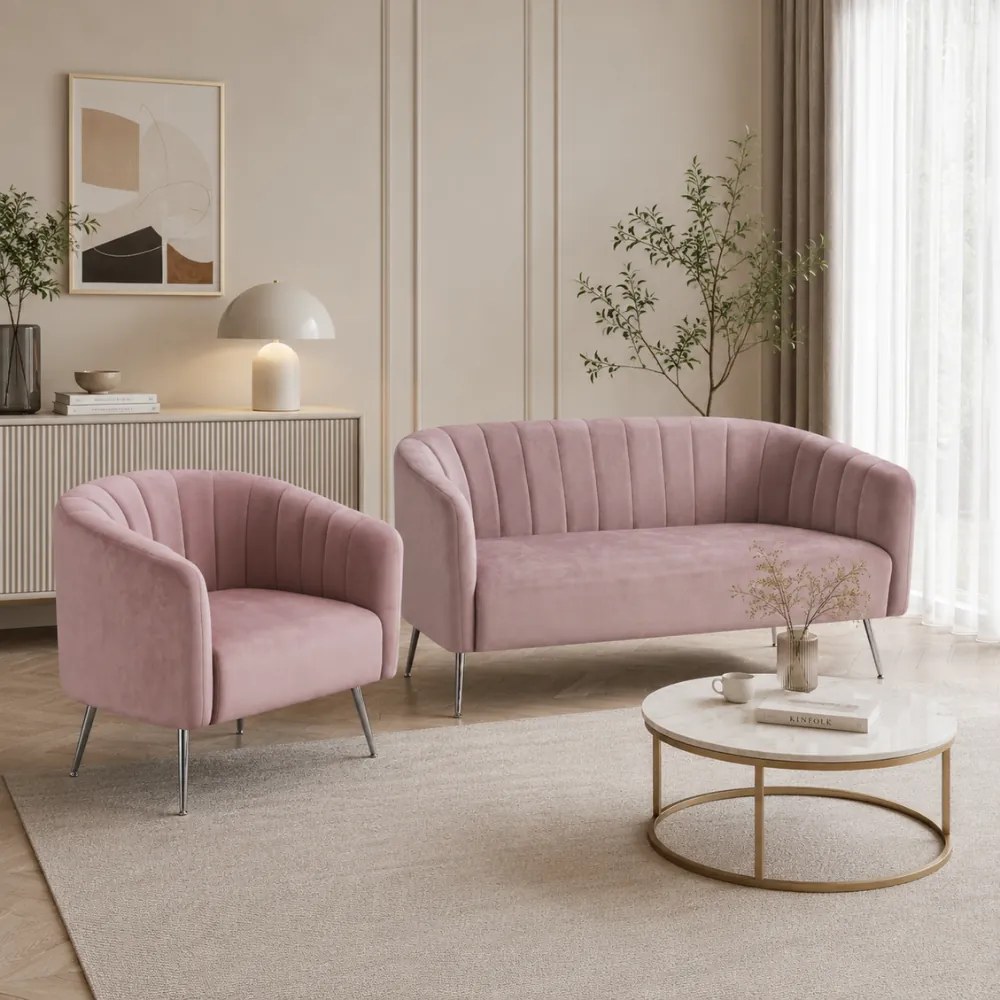 Designový 2-sed, růžová Velvet látka/chrom-stříbrný, BAGY