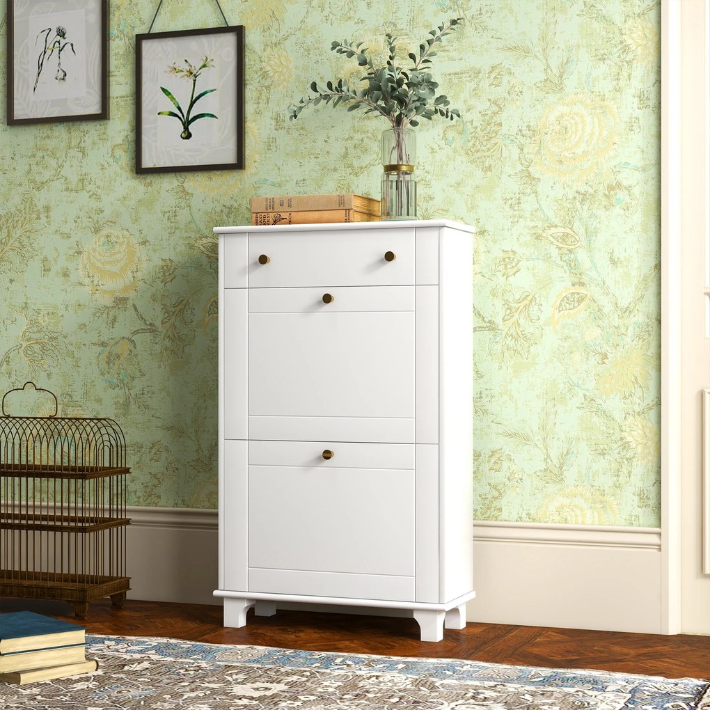 HOMCOM Úzký Botník do Předsíně se 2 Sklápěcími Zásuvkami a 1 Vyndavací Zásuvkou pro 8 Párů Bot 60x23,5x98,5 cm Bílý