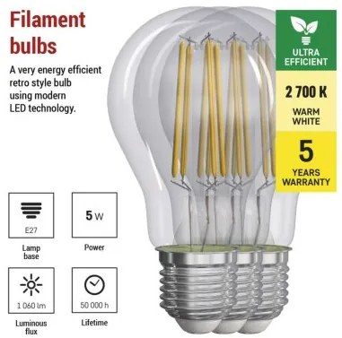 Emos lighting LED žárovka Filament A60 A CLASS/ E27 / 5 W (75 W) / 1 060 lm / teplá bílá 1525283276