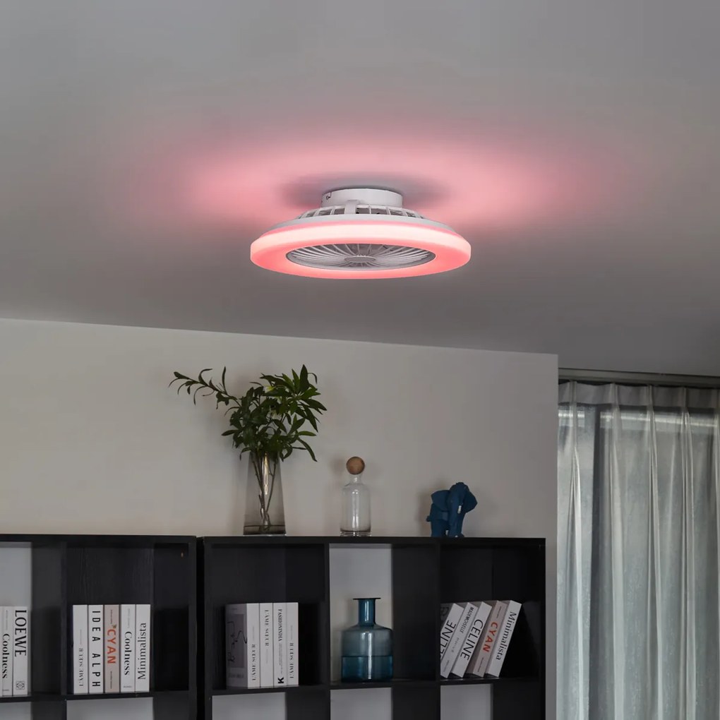 Stropní ventilátor bílý 48,5 cm vč. stmívatelné RGB LED s dálkovým ovládáním - Clemo