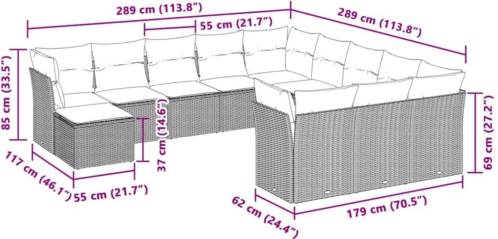 12dílná zahradní sedací souprava podušky světle šedá polyratan 3218632