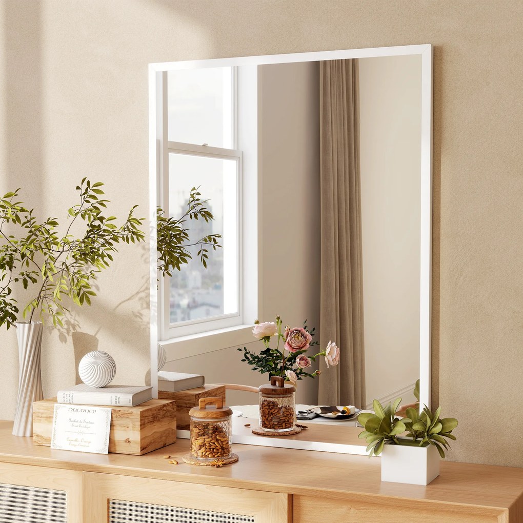 HOMCOM Obdélníkové Zrcadlo Koupelnové Zrcadlo 70x90 cm Dekorativní Zrcadlo pro Obývací Pokoj, Předsíň, Chodbu Horizontálně nebo Vertikálně Bílé