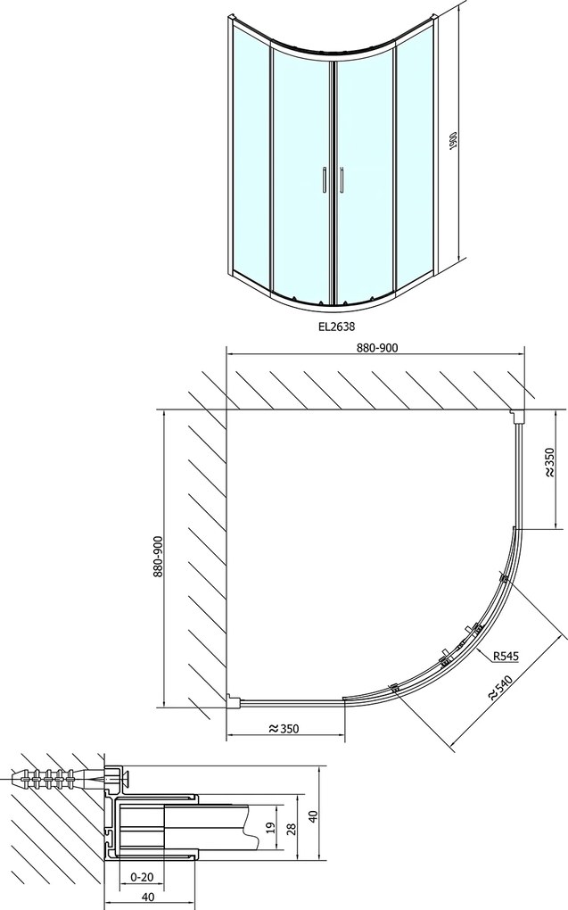 Polysan Polysan, EASY LINE čtvrtkruhová sprchová zástěna 900x900mm, sklo BRICK, EL2638