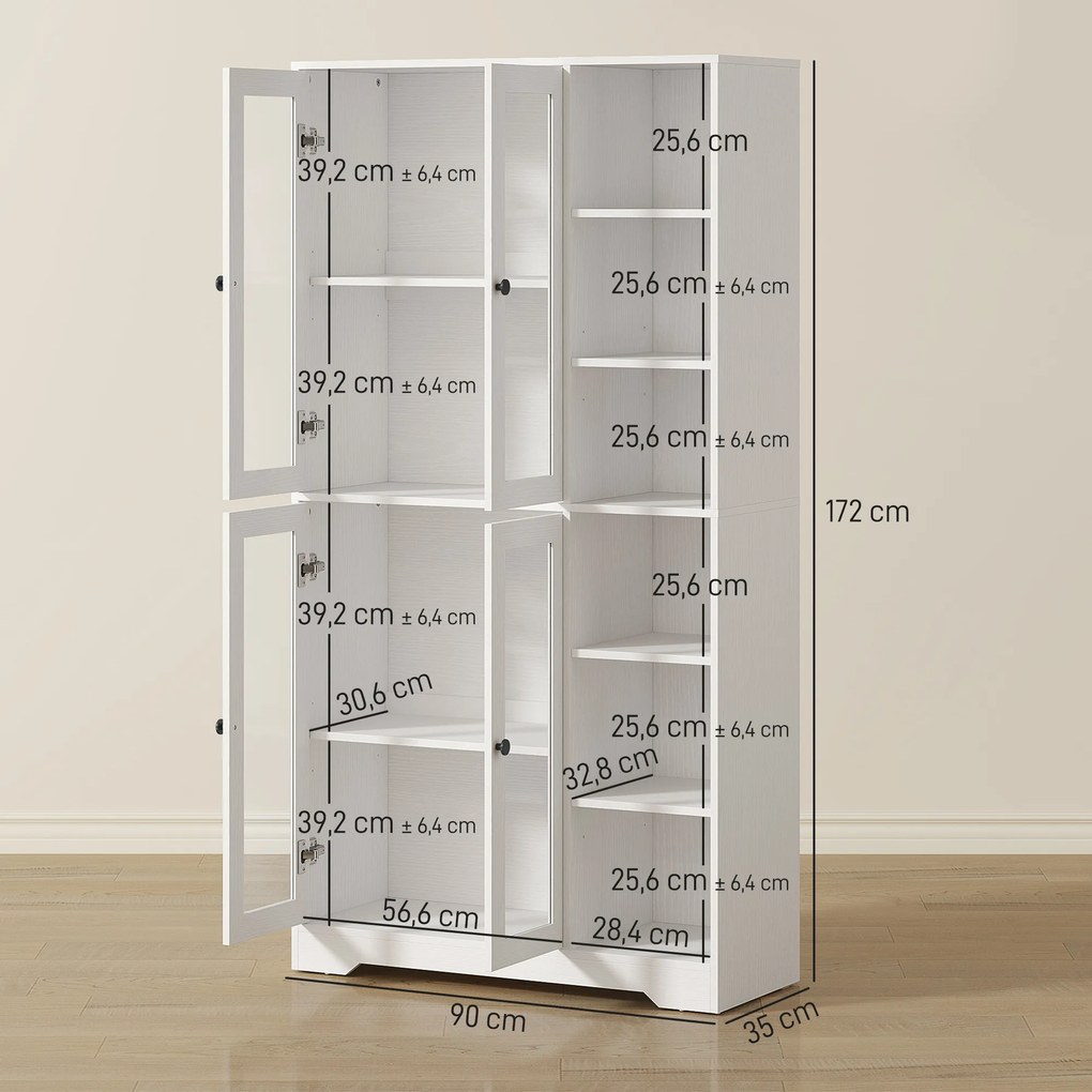 HOMCOM Kuchyňská skříňka se skleněnými dveřmi, police, otevřené přihrádky, výška 172 cm, MDF, bílá