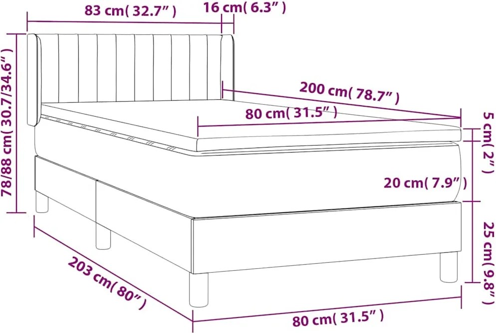 Box spring postel s matrací tmavě šedá 80 x 200 cm samet 3131046