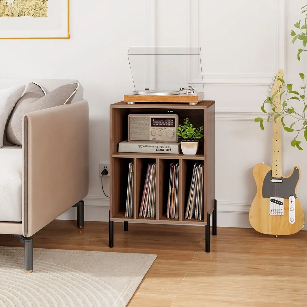 Costway Stolek na gramofon s nabíjením a přihrádkami, hnědý