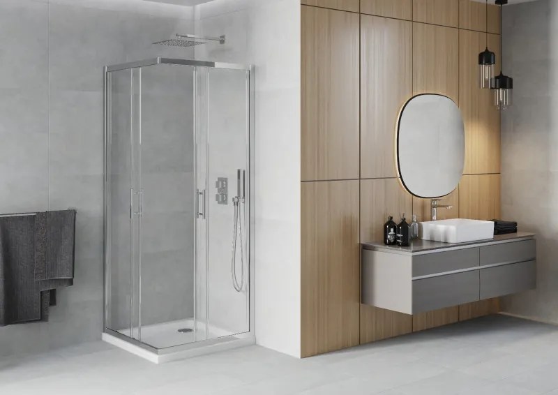 Mexen Rio, čtvercový sprchový kout 90 x 90 cm, 6mm čiré sklo, chromový profil + bílá sprchová vanička, 860-090-090-01-00-4010